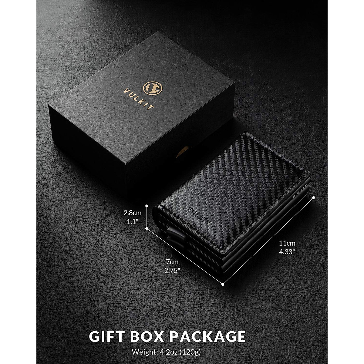 VULKIT Pop Up Wallet Automatic Leather Slim Credit Card Holder RFID Blocking Metal Double Card Case for Men and Women Carbon Fiber Black
