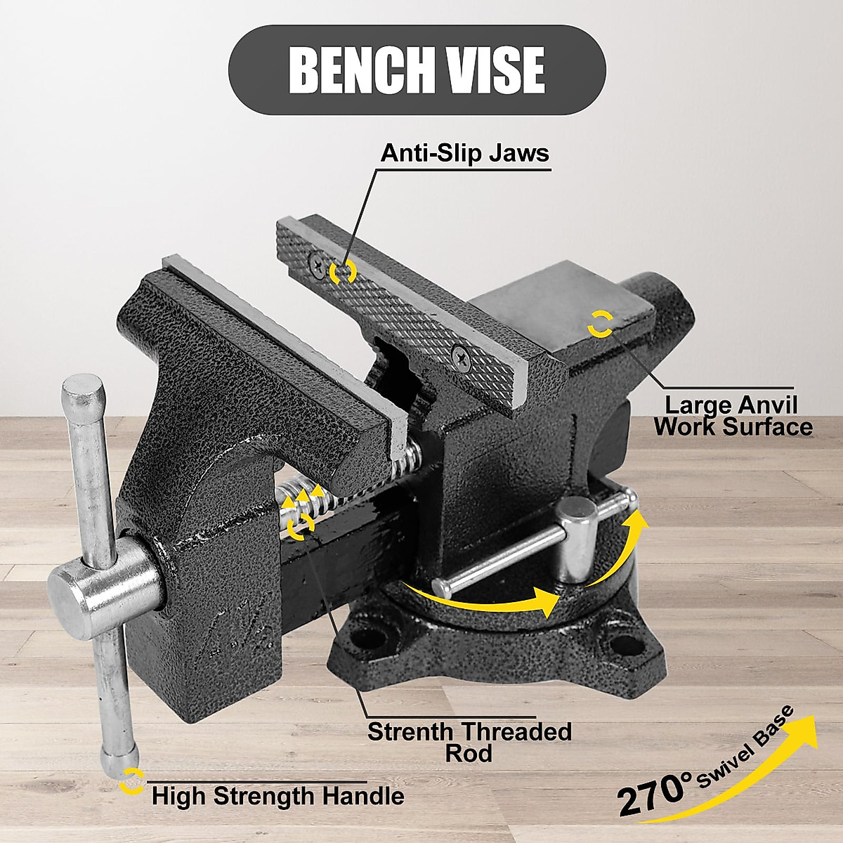 EASYBERG 4.5 Inch Bench Vise, Vice for Workbench with 270° Swivel Locking Base and 4.3in Jaw Opening, Bench Vice for Home DIY Woodworking, Drilling, Cutting Conduit