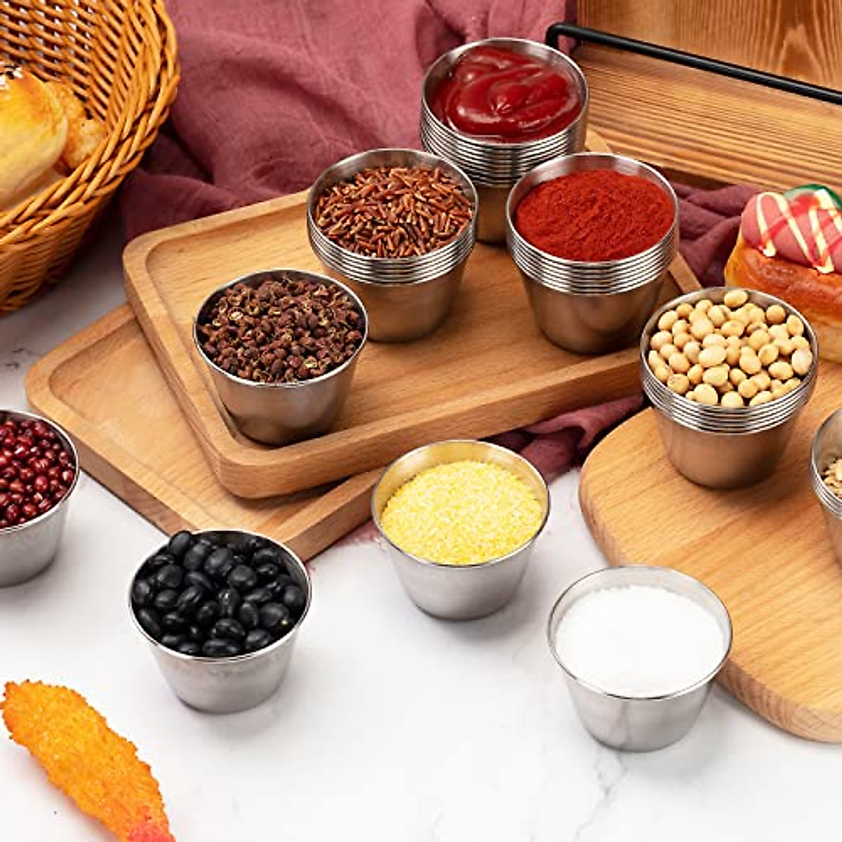 Potchen 100 Packs 2.5 oz Condiment Sauce Cups Stainless Steel Dipping Sauce Cups Reusable Condiment Dishes Individual Round Condiments for Condiments Vinegar Butter Ice Cubes Nuts Ketchup Honey