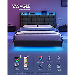 VASAGLE Full Size Floating Bed Frame with LED Lights, Full Bed Frame with Charging Station, Tufted Storage Headboard, Upholstered Platform Bed Frame, No Box Spring Needed, Dark Gray URMB852G71