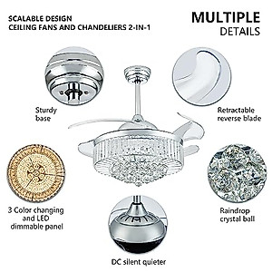 Silver Crystal Ceiling Fan with Lights and Remote,42 Inches Modern Retractable Blade Polished Chrome Ceiling Fans Light,Memory Infinite Dimmable 3 Lights Colors and 6 Speeds Air Circulation Chandelier