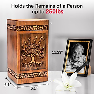 Aioguisn Handmade Wooden Urn, Cremation Urns for Human Ashes Adult Male Female 250lbs, Engraved Tree of Life Funeral Burial Urn Box(Tree of Life)