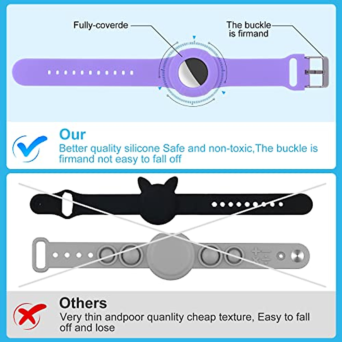Airtag Wristband for Kids(2 Pack),Soft Silicone Waterproof Airtag Bracelet,Lightweight GPS Tracker Holder Compatible with Apple Airtag for Toddler Baby Children Elders (Baby Blue & Purple)