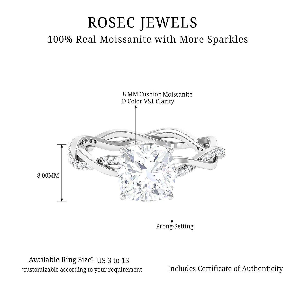 Rosec Jewels Moissanite Solitaire Ring for Women, 8 MM, 3 Cttw, D-VS1 Quality, Braided Promise Engagement Ring, 14K White Gold, Size:US 12.00