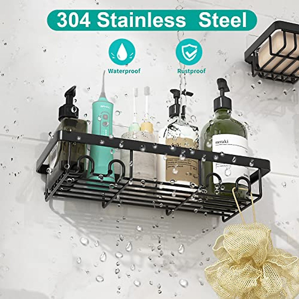 Upgrade 2-Pack Shower Caddy with 2 Soap Dishes Stronger Adhesive Capacity Shower Organizer with 12 Hooks No Drilling Shower Shelf Made of 304 Stainless Steel Durable Shower for Kitchen and Bathroom