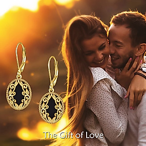 Black Onyx Earrings Gifts for Women Sterling Silver 18K Yellow Gold Plated Black Opal Filigree Boho Dangle Earrings Jewelry Gifts