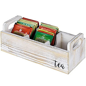 MyGift Shabby Chic Whitewashed Wood Tea Bag Storage Organizer Box, Tea Sachet Sugar Packet Holder and Server Rack Caddy with 3 Compartments and Cut Out Handles