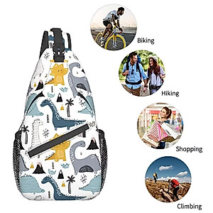 Cute Cartoon Dinosaur Sling Bag Crossbody Backpack Childish Seamless Pattern with Hand Drawn Dinosaurs in Scandinavian Style Travel Hiking Daypack Funny Abstract Chest Shoulder Bag for Women Men