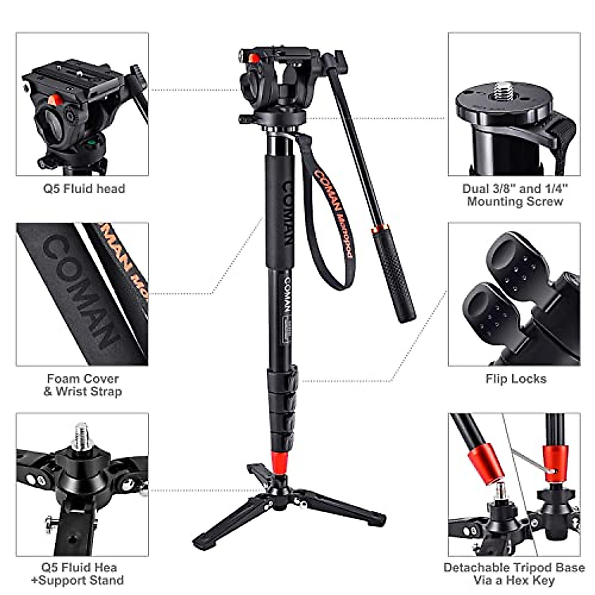Monopod, COMAN KX3232 73.2 inch Professional Monopod Tripod Lightweight Aluminum Telescopic Camera Monopod with feet and Pan Tilt Fluid Head for DSLR Video Cameras