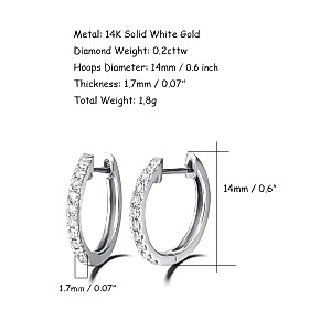 Carleen 14K Solid White Gold 0.2cttw Diamond Hoop Earrings Round Cut Small Tiny Cute Huggie Hinged Cartilage Hoop Earrings Fine Jewelry For Women, Diameter 3/5 inch (Color I-J,Clarity SI)