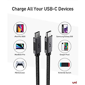 USB C to USB C Cable 15ft, uni Long USB Type C 100W Fast Charging Nylon Braided Cable (5A 20V) Compatible with iPad Pro 2019/2018, MacBook Pro 2020/2019/2018, Dell XPS 13/15, Surface Book 2 and More
