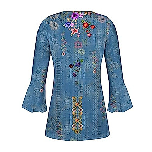 JDHUFEI Womens Shirts Summer 2023 Casual Print V-Neck Tshirts Linen Button Tunic Tops Boho Floral Fold Ladies Blouse Tees