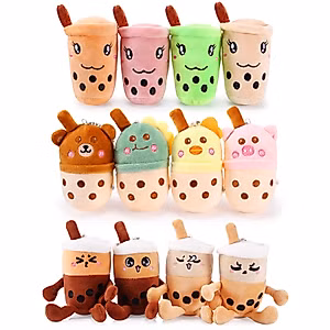 12 Pack 5 Inch Boba Tea Plush Pillow Bubble Tea Plush Cup Shaped Pillows Boba Bubble Tea Keychain Mini Boba Stuffed Animal Small for Wallet Backpack Purse, Bubble Lovers Birthday Party Favors (Lovely)