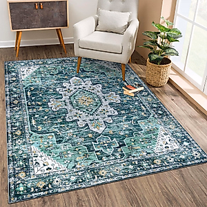 SHACOS 3x5 ft Boho Area Rug for Entryway Washable Entry Rug Indoor Doormat Oriental Vintage Design Non Slip Ultra Thin Throw Rugs for Entrance Living Room Bedroom Kitchen, Teal Blue 3'x5'