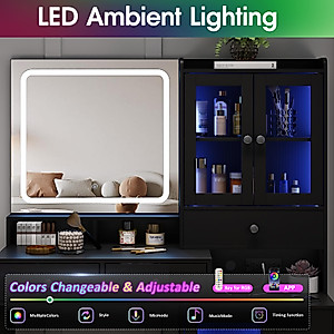 Fameill Makeup Vanity Desk with Mirror and Lights, Black Makeup Vanity with 4 Drawers and Charging Station, Vanity Table with RGB Cabinet, Dressing Table for Bedroom