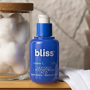 Bliss Renew & Smooth Night Face Serum- AHA Glycolic + Polyhydroxy Acid - Exfoliating, Brightens Resurfacing Dull Dry Skin, For Hydrating Radiant Glowing Skin - Vegan & Dermatologist Tested - 1 Floz
