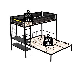AnwickNomo Modern Metal Twin Over Full Bunk Beds,L-Shaped Bunk Bed Frame w/Full-Length Guardrails&Ladder, Loft Bed w/Book Shelves & Grid Panel for Boys Girls Teens, Noise-Free, (Black I)