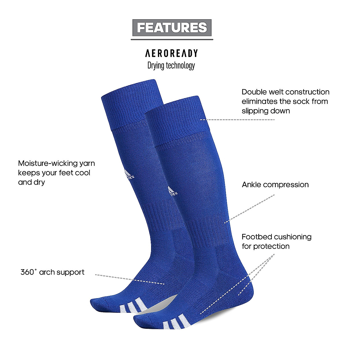 adidas Rivalry Field Multi Sport Over The Calf (OTC) Socks for Boys, Girls, Men and Women (2-Pair), Royal Blue/White, Small