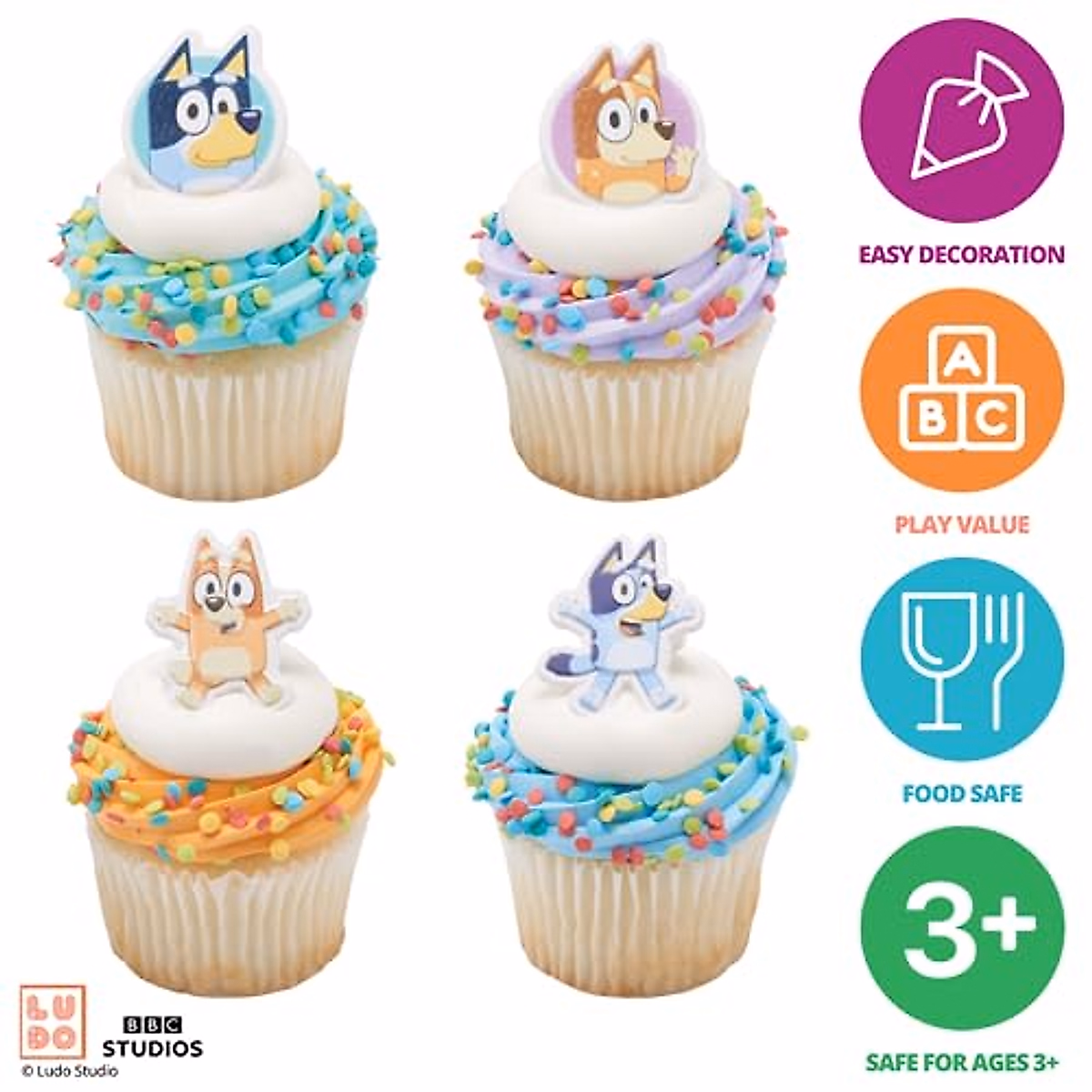 DecoPac Bluey So Much Fun Rings, Cupcake Decorations Featuring Bluey, Bingo, Bandit, and Chilli, 3D Food Safe Cake Toppers – 24 Pack