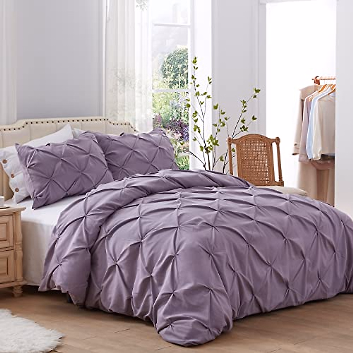 SunStyle Home Pinch Pleated Duvet Cover Purple 2 Pieces Twin Duvet Covers Soft Microfiber Luxury Duvet Cover with Zipper Closure & Corner Ties for All Season(1 Duvet Cover, 1 Pillow Sham)