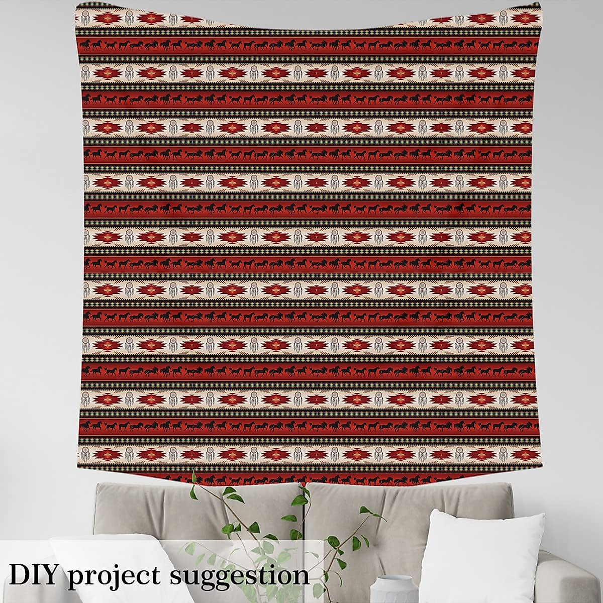 Erosebridal Horse Fabric by The Yard, Dreamcatcher Upholstery Fabric, Aztec African Tribal Horse Printed Decorative Fabric, Western Farm Animals Exotic Nordic Style Decorative Fabric, Red, 2 Yards