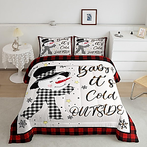 Kids Christmas Snowman Comforter Set Queen Size,Snowflake Winter Bedding Set,Girls Boys Adults Xmas Decor,Geometric Grids Lattices Patch Down Comforter,Red Rustic Vintage Duvet Insert,2 Pillowcases