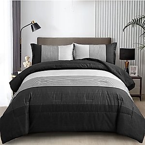 WONGS BEDDING Black Comforter Set Queen, Reversible Black Grey Stripe Down Alternative Comforter for All Season,3 Pieces(1 Patchwork Comforter+2 Pillowcases), Soft Microfiber Bedding Set 90"×90"