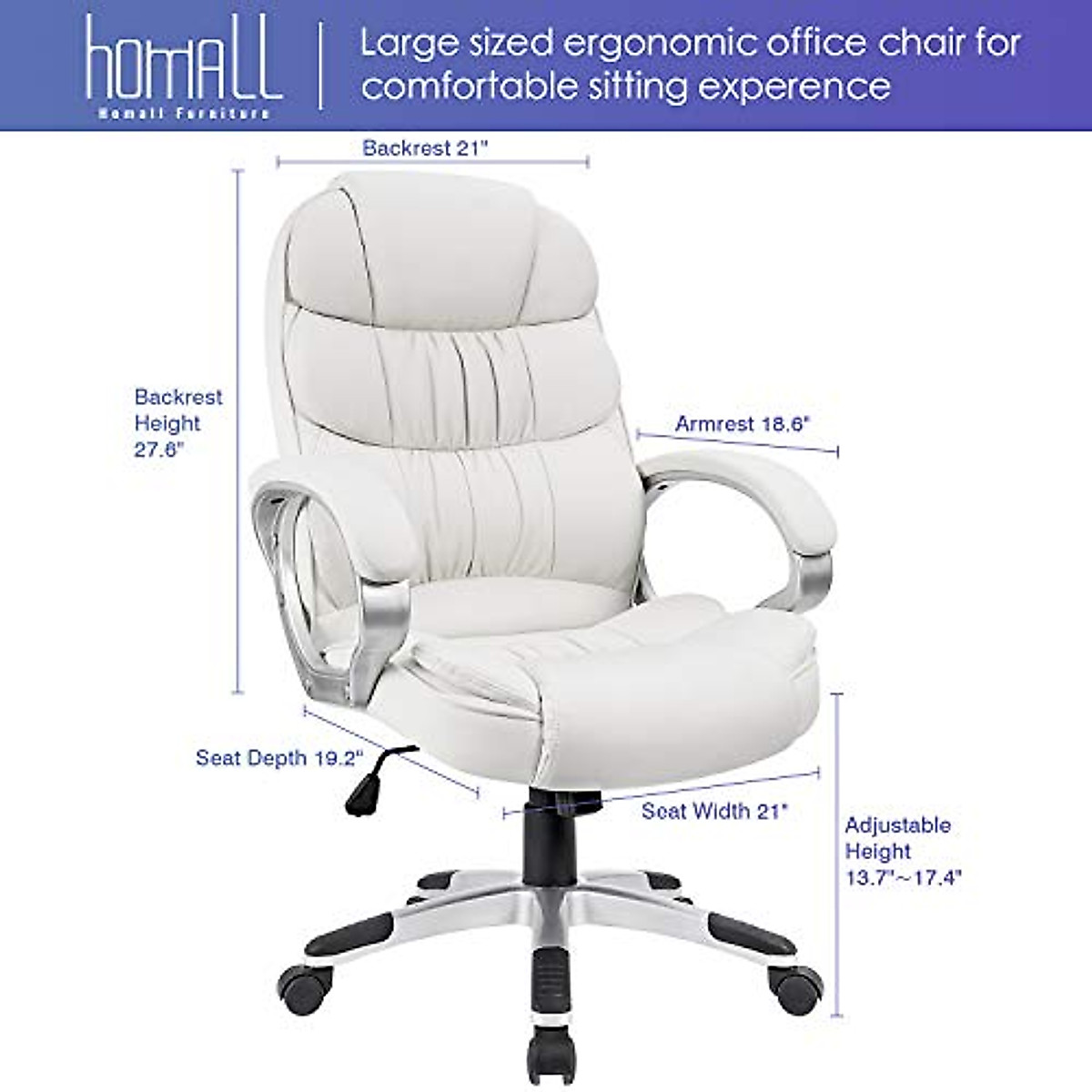 Homall Office Chair High Back Computer Chair Desk Chair, PU Leather Adjustable Height Modern Executive Swivel Task Chair with Padded Armrests and Lumbar Support (White)