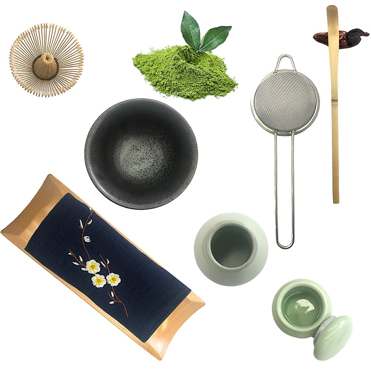 Artcome Traditional Japanese Matcha Tea Set, Matcha Whisk, Traditional Scoop, Matcha Bowl & Caddy, Ceramic Whisk Holder, Handmade Matcha Ceremony Kit (9Pcs)