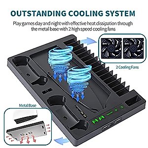 HAPROUND PS5 Vertical Stand with Cooling Fan and Dual Controller Charger - Indicator Lamps and 15 Game Slots, Fast Cooling Through Metal Base, PS5 Console Compatible