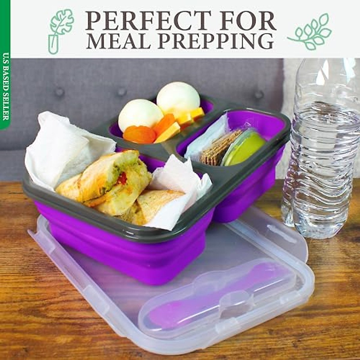 Creekview Home Emporium Collapsible Food Container - Purple Bento Lunch Box with 3 Compartments and Silverware in Lid
