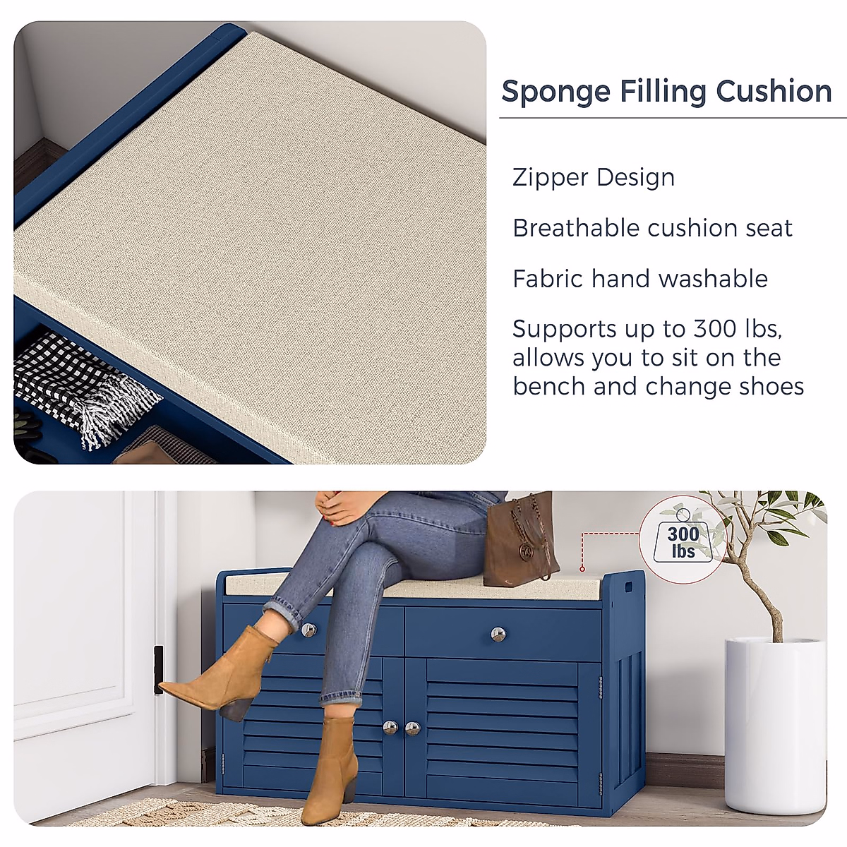 WARMHONIU Shoe Storage Bench with 2 Drawers & 2 Doors, Entryway Bench with Cushion, 2 Adjustable Shelves, Shoe Cabinet with Storage Space for Entryway, Living Room, Hallway, Mudroom, Bedroom, Blue