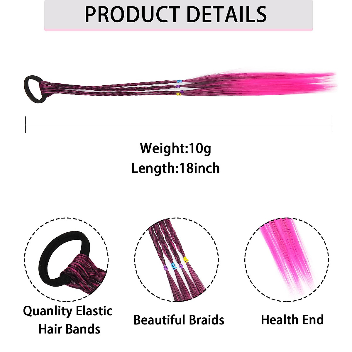 12 Pieces Colored Braids Hair Extensions with Rubber Bands Rainbow Braided Synthetic Hairpieces Ponytail Hair Accessories for Women Kids Girls Party Highlights Cosplay Dress Up