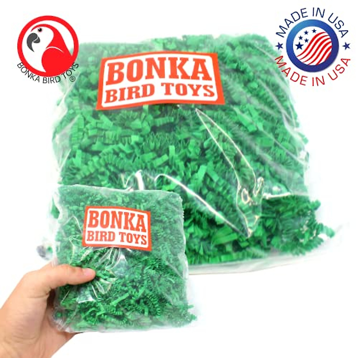 Bonka Bird Toys Colored Crinkle Shred Paper Chew Forage Nesting Treat Natural Multi-Use Craft Part Projects Cockatiels Parakeets Conures Amazons and Other Similar Birds (Green)