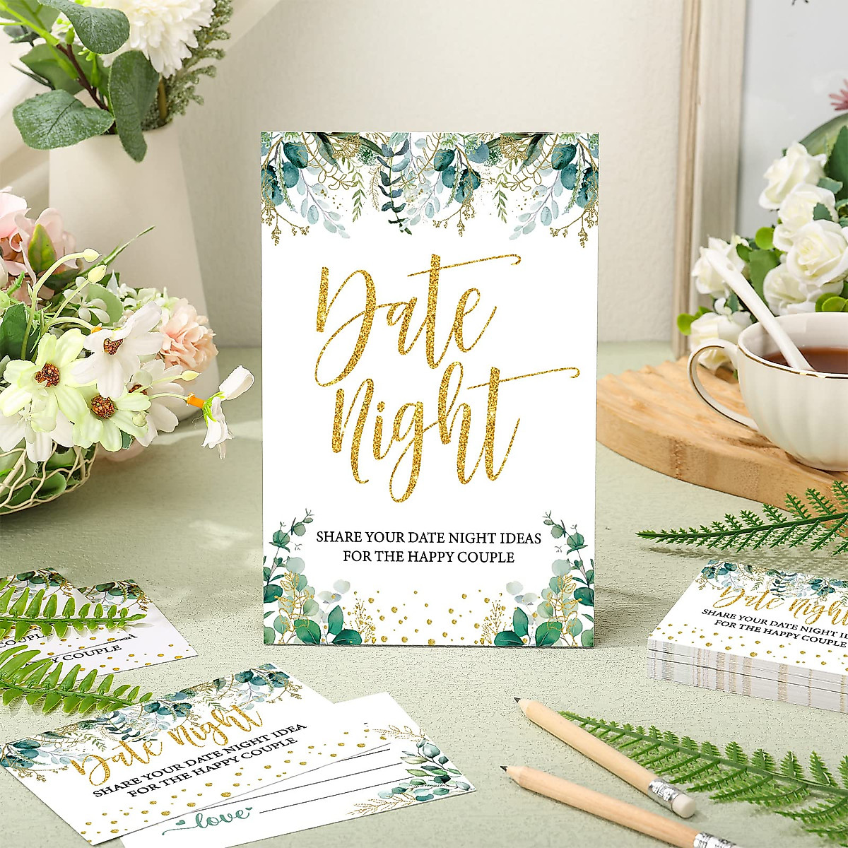 Wesiti 51 Pieces Eucalyptus Leaves Bridal Shower Games Date Night Game Sign and 50 Cards Greenery Bridal Shower Bachelorette Games Supplies Wedding Shower Games