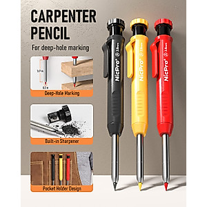 Nicpro 3 Pack Carpenter Pencil with Sharpener & Cap, Mechanical Carpenter Pencils with 39 Refills (Red, Black, Yellow), Deep Hole Marker Construction Heavy Duty Woodworking Pencils - With Case