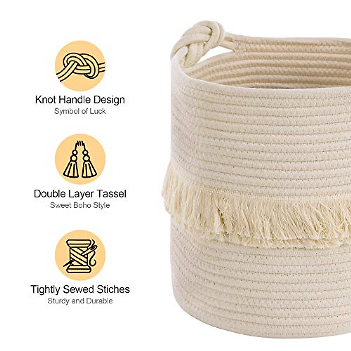 Woven Cotton Rope Farmhouse Storage Basket - 3 Pack 11 Inches Round Cube Decorative Organizer Bins with Cute Handles for Dog Toy, Clothes - Baby Girls Boys Nursery Decor