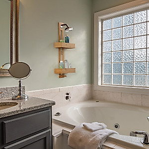 Basicwise Bathroom Multi-function Natural Bamboo Storage Rack Over Shower Head Organizer, Shower Ball, Shampoo, Conditioner, Soap Holder