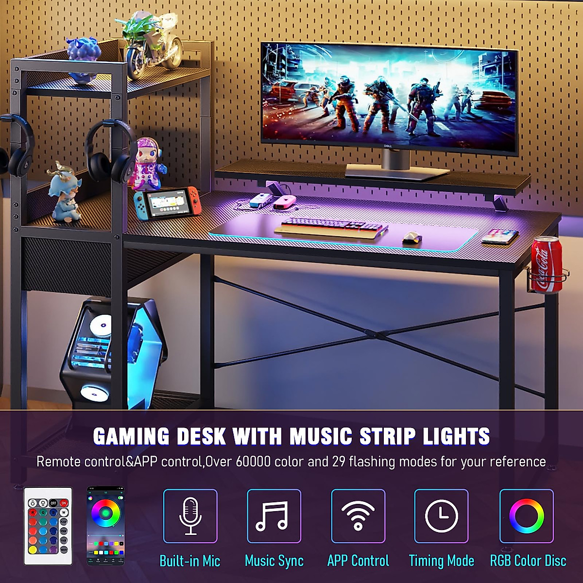 TREETALK Gaming Desk with Power Outlets & Music Strip Lights,47In Reversible Computer Desk with Storages Shelves,Wooden Drawer& CPU Stand, PC Laptop Table with Large Monitor Stand for Home Office
