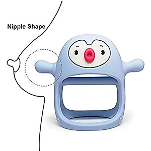 Wearable Soothing Teether, Penguin Buddy Never Drop Silicone Baby Teething Toy, Baby Chew Toys for Sucking Needs, Hand Pacifier for Breast Feeding Babies, Car Seat Toy for New Born (Baby Blue)