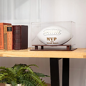 DECOMIL - Football Display Case Holder, Football Case, UV Protection No Assembly Panels, All 4 Sides Visible, Solid Wood Base - Cherry Finish