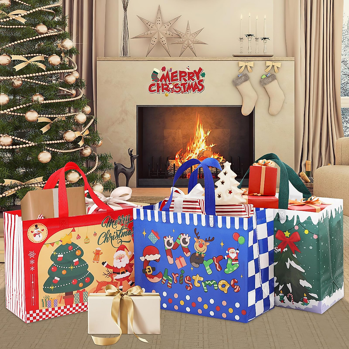 Yunaeduo Christmas Gift Bags - 9 Pcs Gift Bags for Christmas Presents - Christmas Bags with Handles, Christmas Tote Bags, Xmas Gift Bags, Holiday Gift Bags Bulk, 12.5" X 9.8" X 5.5"