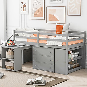Loft Bed and 3 Drawers, Wooden Loft Bed with Storage Stairs and Shelves, Gray