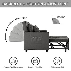 BIGSYY 3-in-1 Chair Bed, Folding Sofa Bed with Adjustable Backrest, Pull Out Sleeper Chair Bed, Multi-Functional Single Armchair,Modern Linen Fabric Chair Bed (Linen Dark Grey)