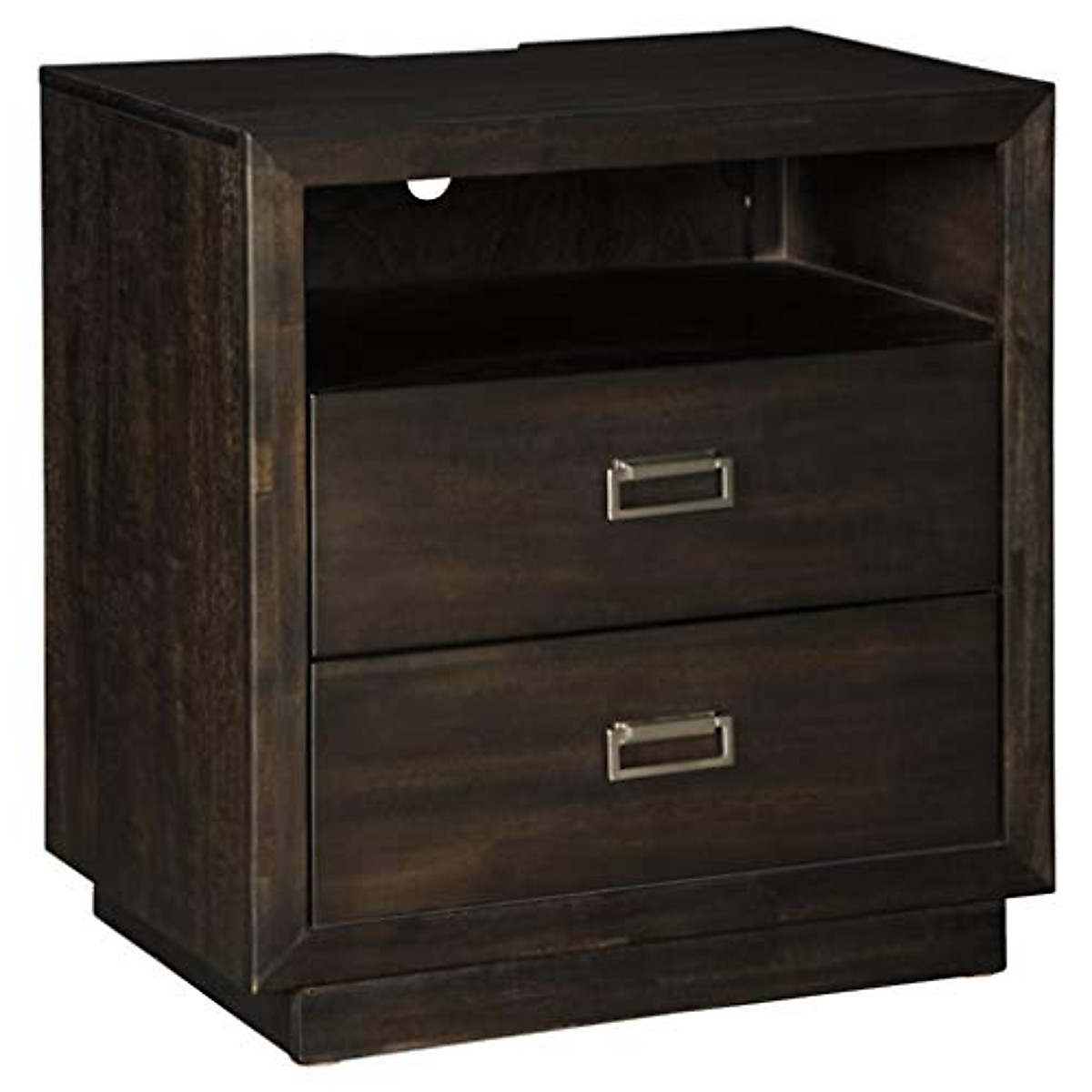 Signature Design by Ashley Hyndell Contemporary 2 Drawer Nightstand with Open Cubby Storage, 2 Electrical Outlets & 2 USB Charging Ports, Espresso Brown