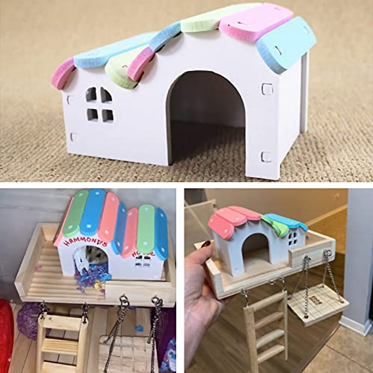 Hamster Platform with Ladder,Wooden House Hut Hideout Swing Rat Playground Activity Set with Climbing Ladders Play Toys for Mouse,Gerbil, Small Animals