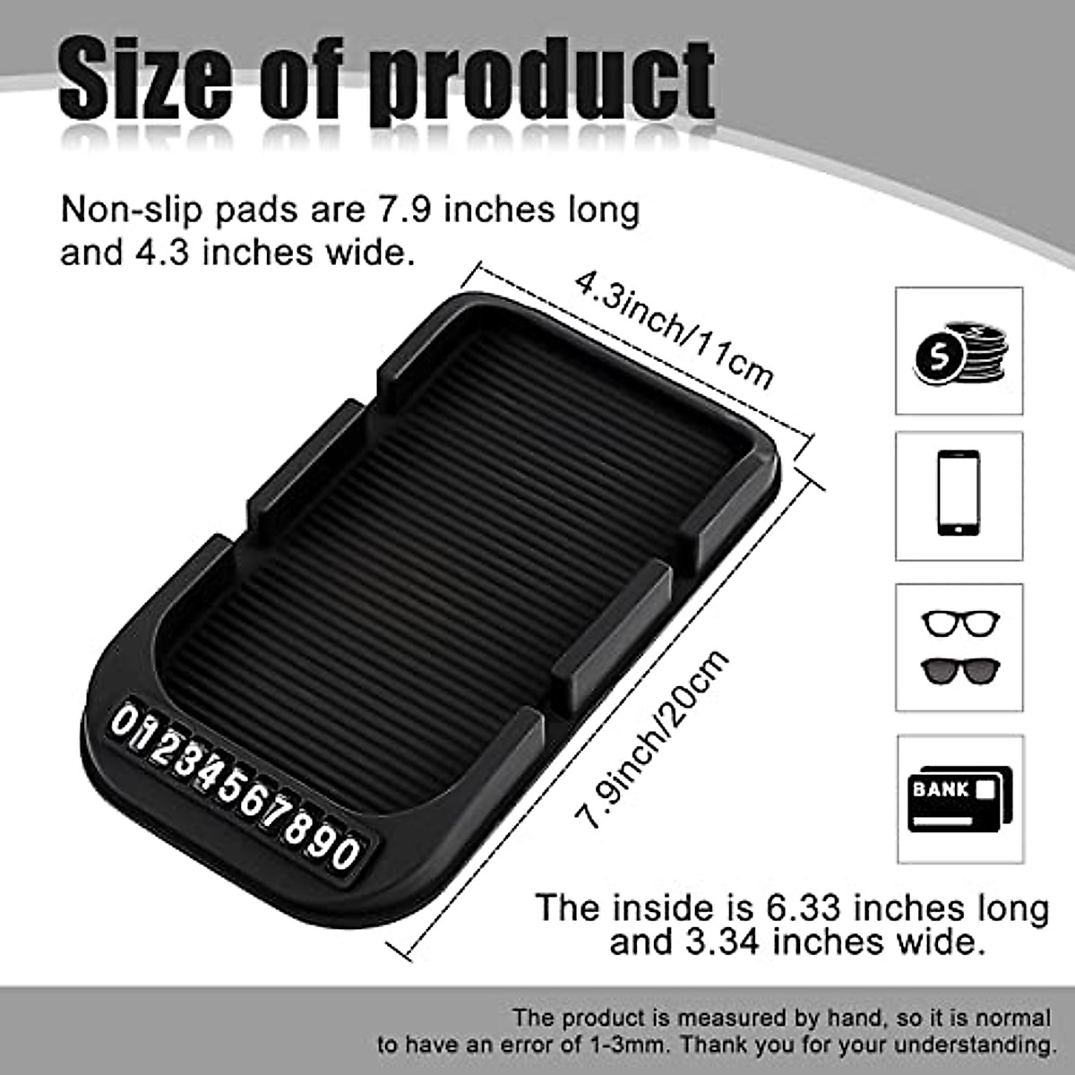 Car Dashboard Cell Phone Holder, Anti-Slip Pad Double-Groove with Number Plate Auto Silicon Tray, Silicone Car Pad Mat for Various Dashboards,Phone GPS Keychains Sunglasses Mat