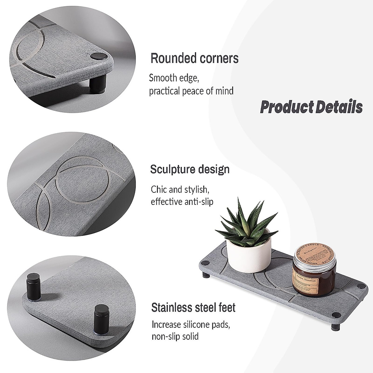 Instant Dry Sink Caddy Kitchen Sponge Holder Diatomaceous Earth Stone Drying Mat Bathroom Countertop Organizer Soap Dispenser Tray for Counter, Sink, Vanity, Small, Foam, Grey