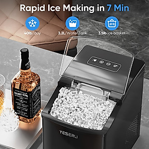 YESERLI Nugget Ice Maker,40lbs/Day Soft Chewable Pellet Countertop Ice Maker with Self-Cleaning Function,Ice Machine with Ice Scoop&Basket,One-Click Operation Pannel for Home,Office,Party,RV,Black