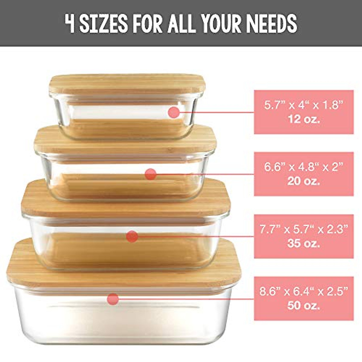 Bovado Set of 4 Rectangular Glass Food Storage Containers (12 oz + 20 oz + 35 oz +50 oz) with Eco-Friendly Bamboo Lids | 4 Bento Boxes for Meal Prep, Leftovers, Baking, Cooking & Lunch | BPA-Free